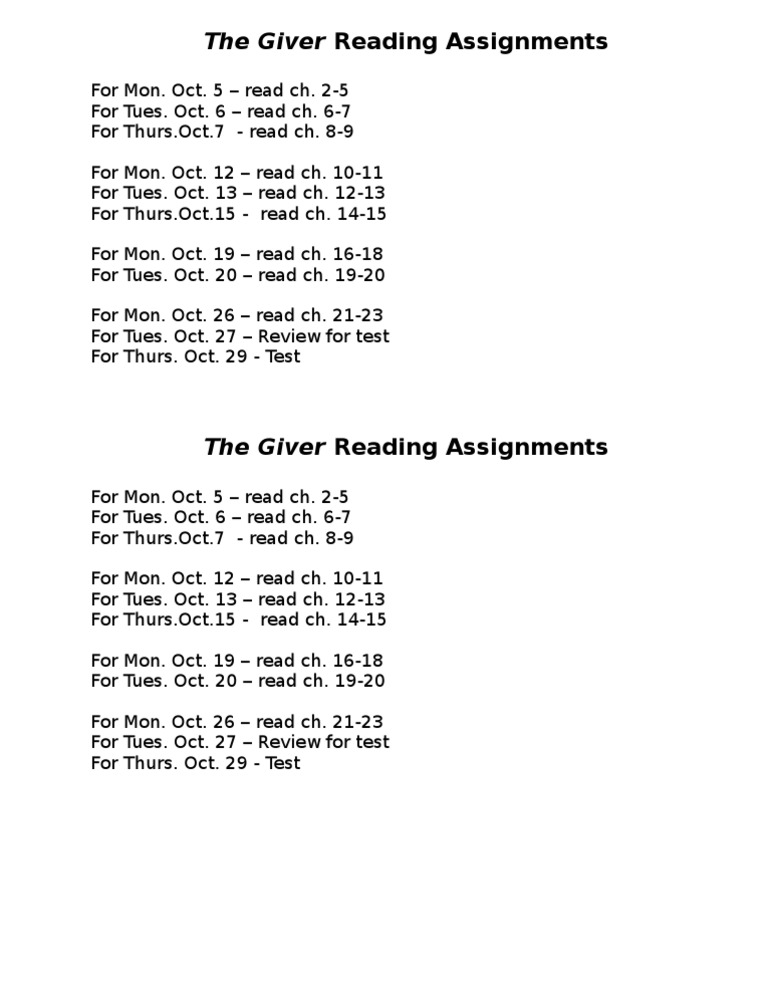 The Giver Reading Assignments | PDF