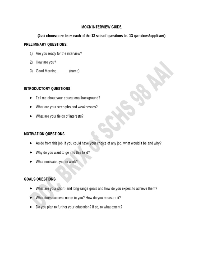 Mock Interview Guide (Just Choose One From Each of The 13 Sets of ...
