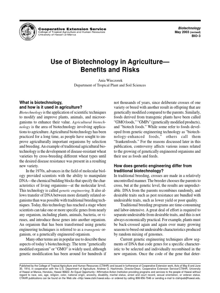 Use of Biotechnology in Agriculture—Benefits and Risks | Biotechnology ...