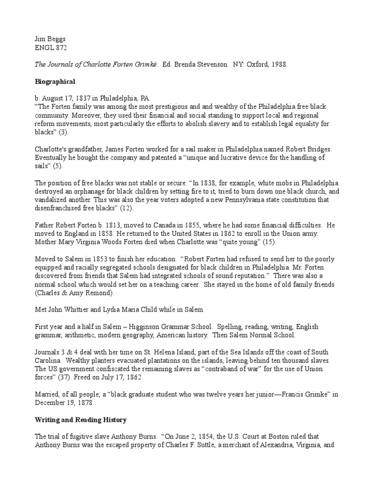 The Journals of Charlotte Forten Grimke | PDF | Abolitionism In The ...