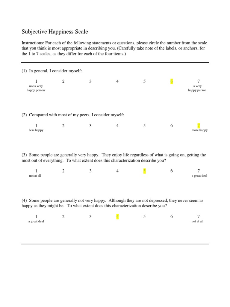 Subjective Happiness Scale Questionnaire | PDF | Survey Methodology ...