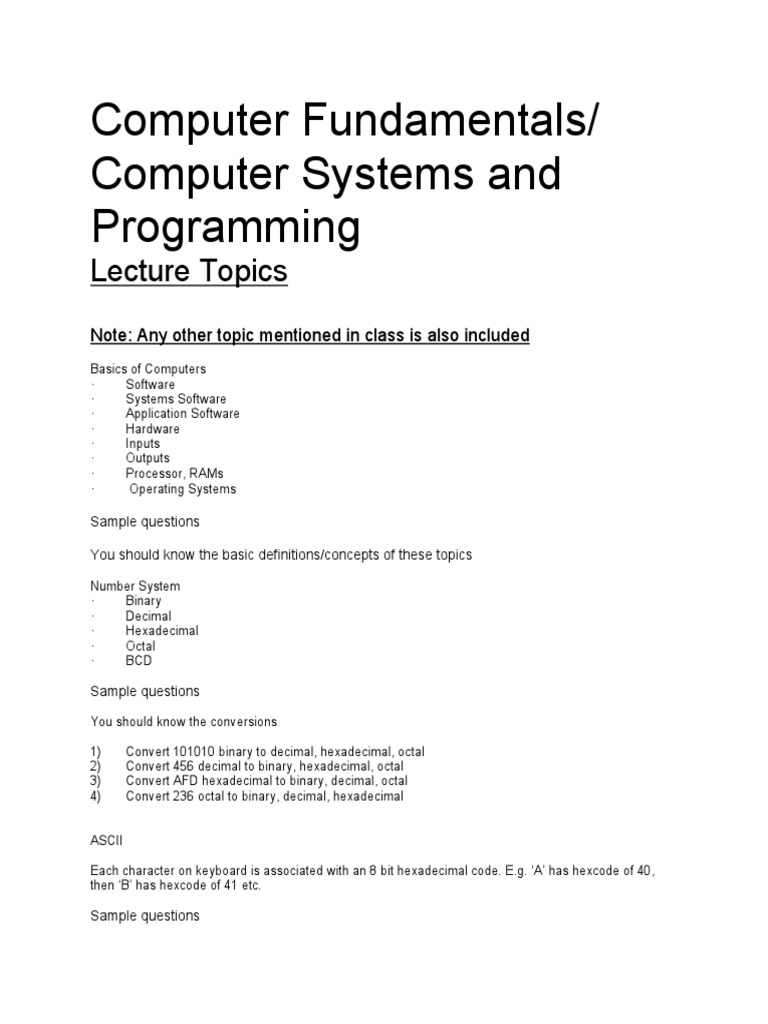 Computer Fundamentals Computer Systems and Programming Topic List ... Computer Fundamentals Computer Systems and Programming Topic List ...