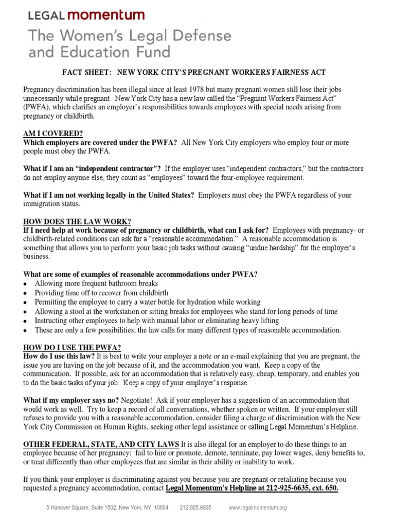 NYC PWFA Fact Sheet 01-28-14 | Employment | Independent Contractor