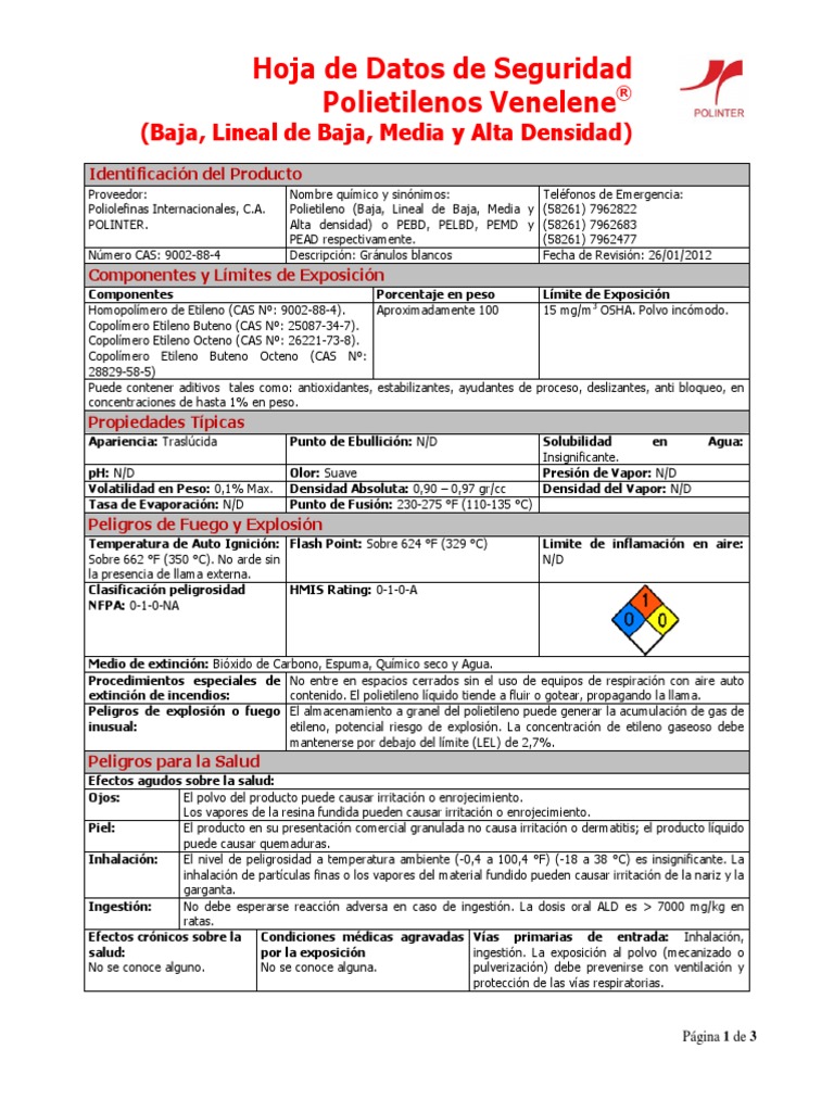 Msds de Los Polietilenos Venelene-Version II | PDF | Agua | Oxígeno