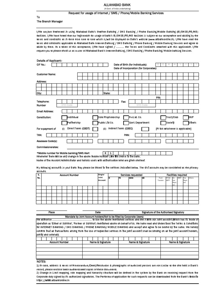 Allahabad Bank Internet Banking Request Form | PDF | Online Banking ...