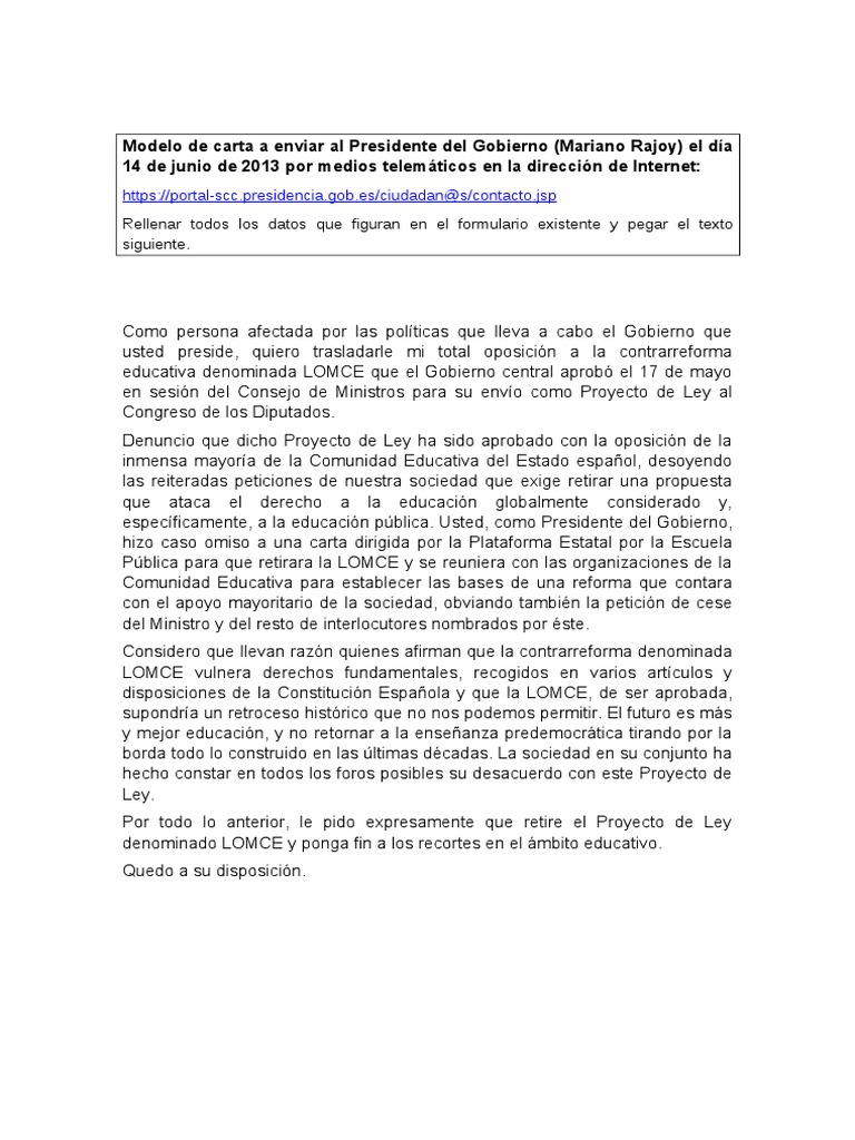 Modelo Carta Presidente Gobierno | PDF | Ciencias sociales