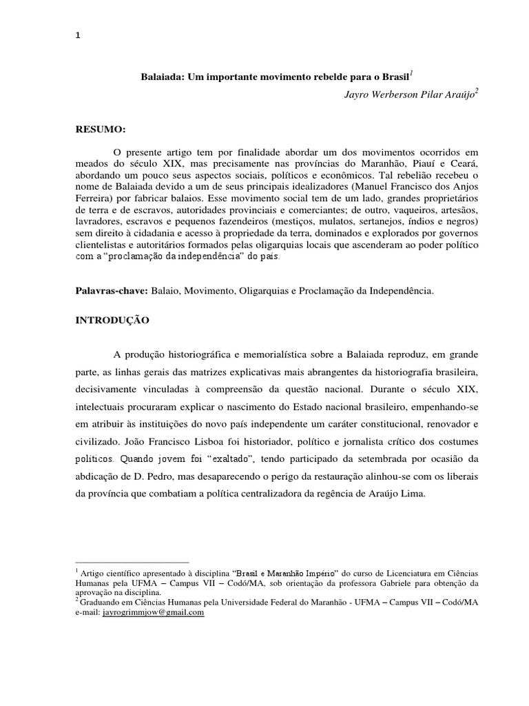 Artigo de História (Balaiada) | PDF | Sociologia | Escravidão
