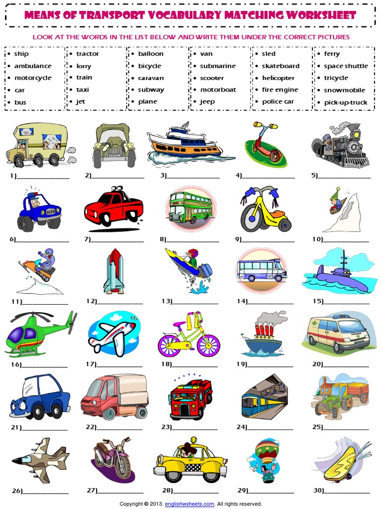 Means of Transport Vocabulary Matching Exercise Worksheet | PDF
