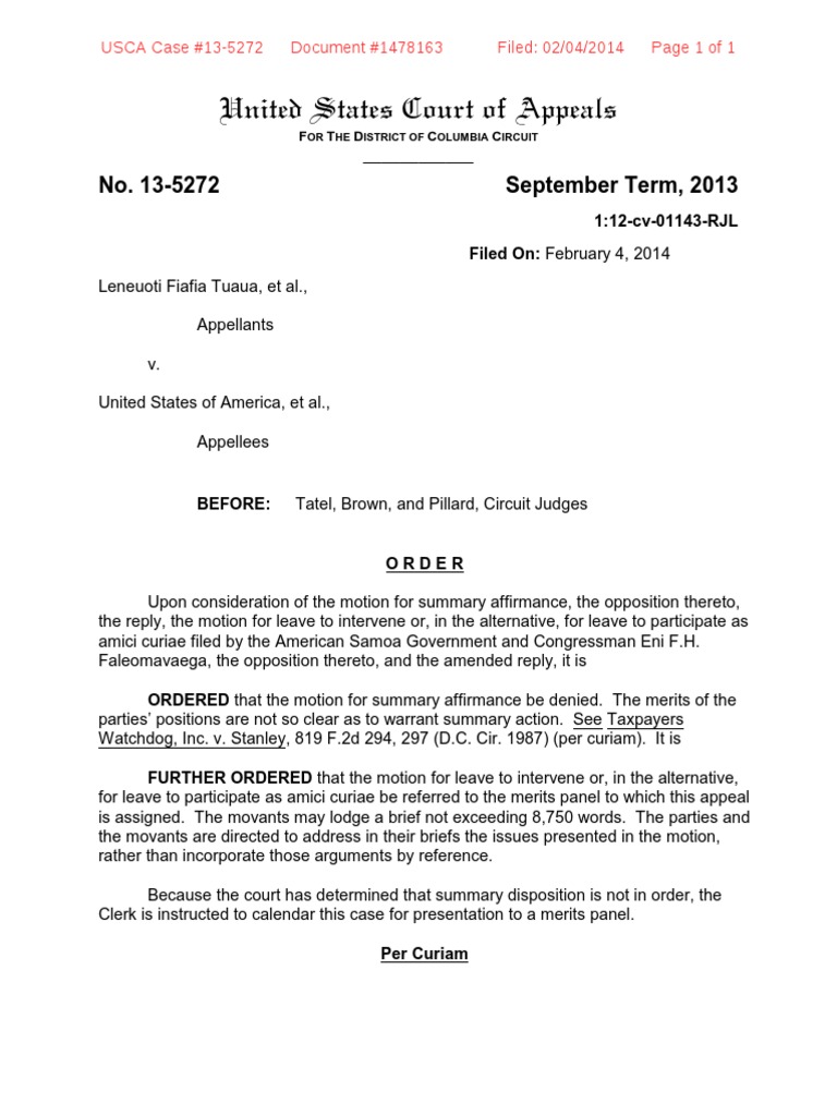 Order, Motion For Summary Affirmance Denied | PDF | Law