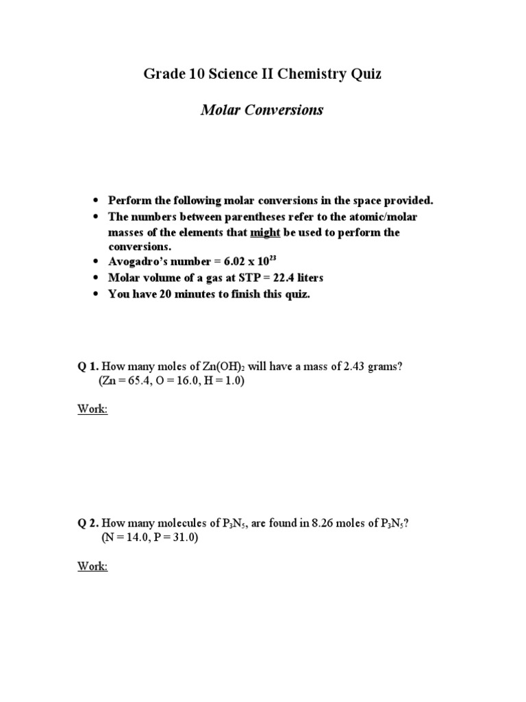 Grade 10 Science II Chemistry Quiz: Molar Conversions | PDF | Foreign ...