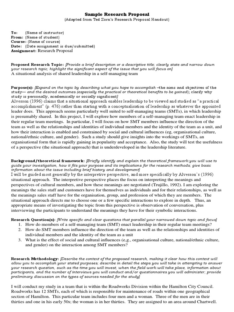 Sample Research Proposal: (Adapted From Ted Zorn's Research Proposal ...