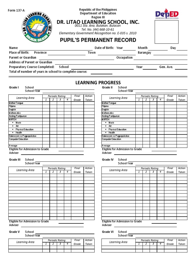 Form 137 DR Litao Permanent Record K To 12 | PDF | Schools | Further ...