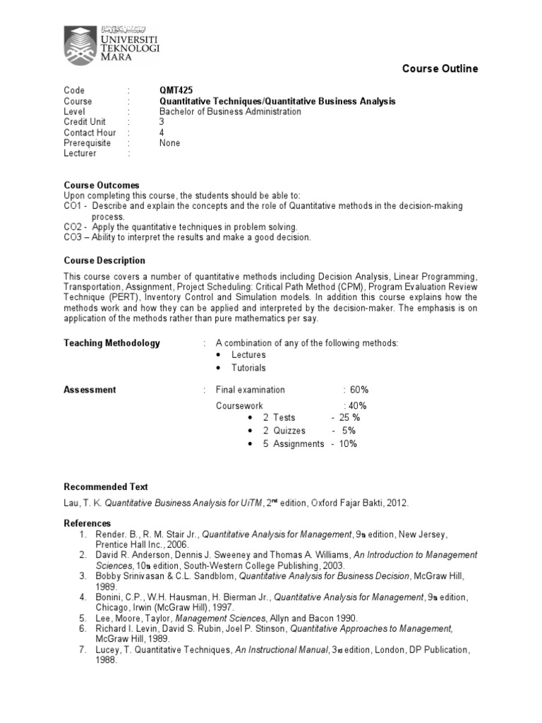 QMT425 Quantitative Techniques/Quantitative Business Analysis | PDF ...