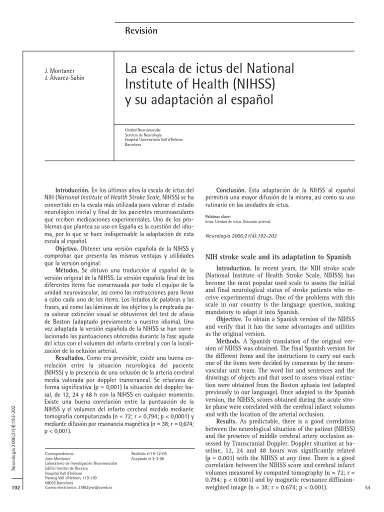 Tabla Nihss | Descargar gratis PDF | Afasia | Especialidades Medicas