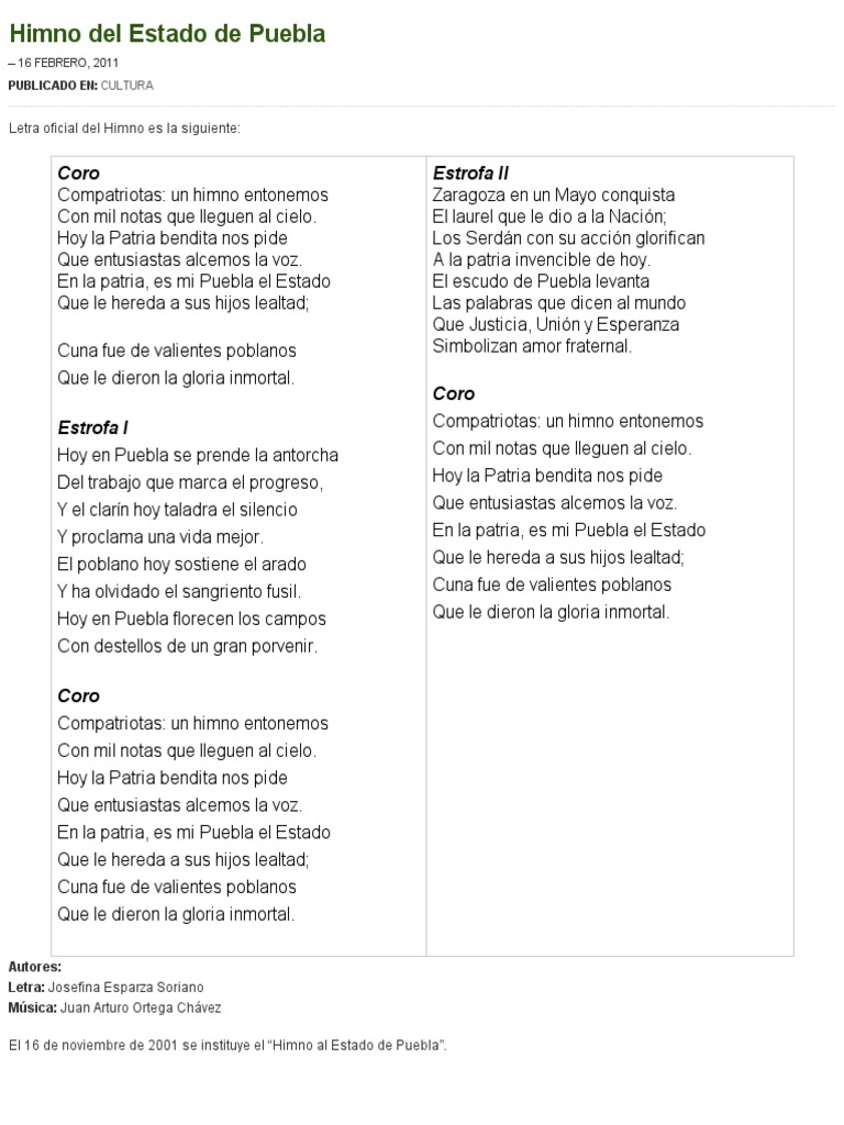 Himno Del Estado de Puebla PDF | PDF