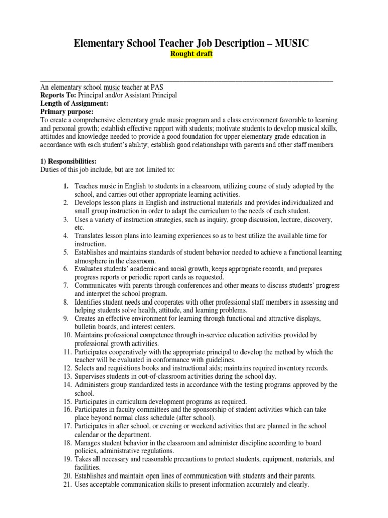Elementary Music Teacher Job Overview | PDF | Musical Compositions ...