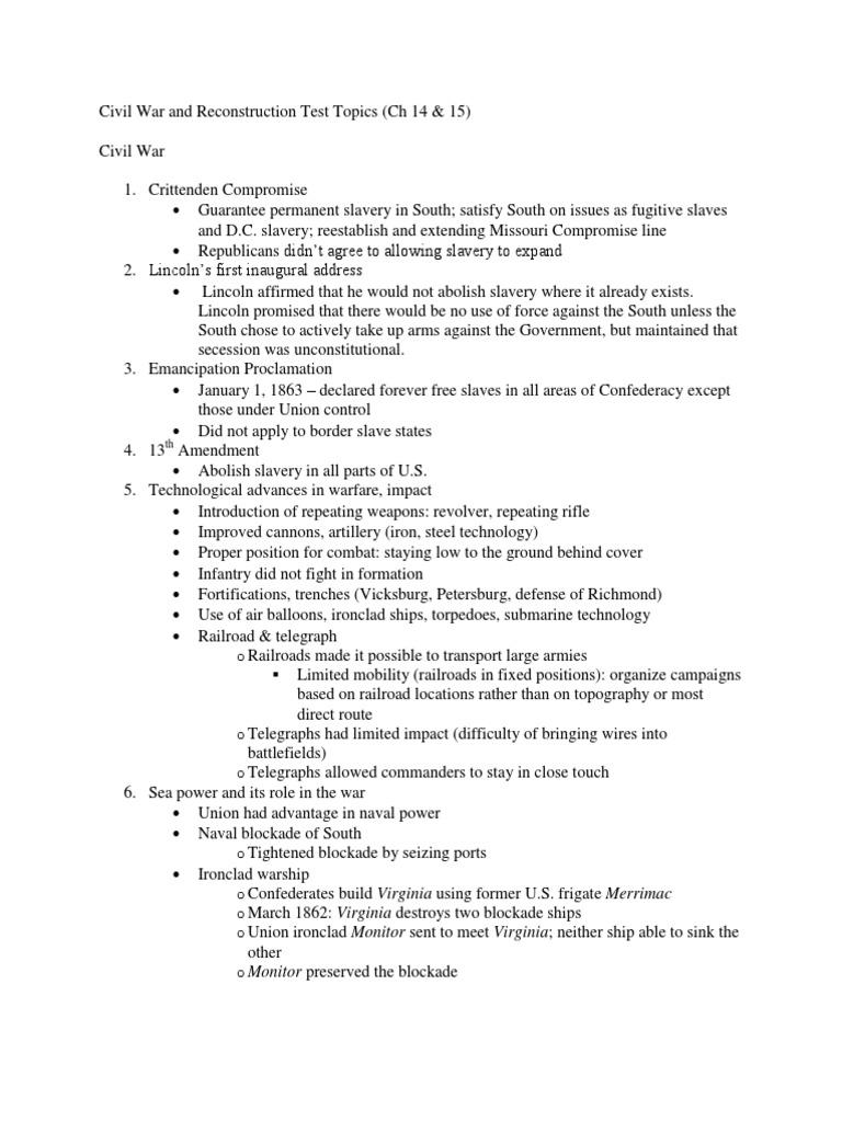 Civil War and Reconstruction Study Guide | PDF | Reconstruction Era ...