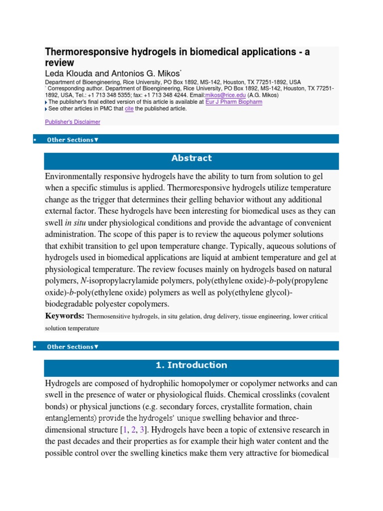 Thermoresponsive Hydrogels in Biomedical Applications | PDF | Gel | Polymers