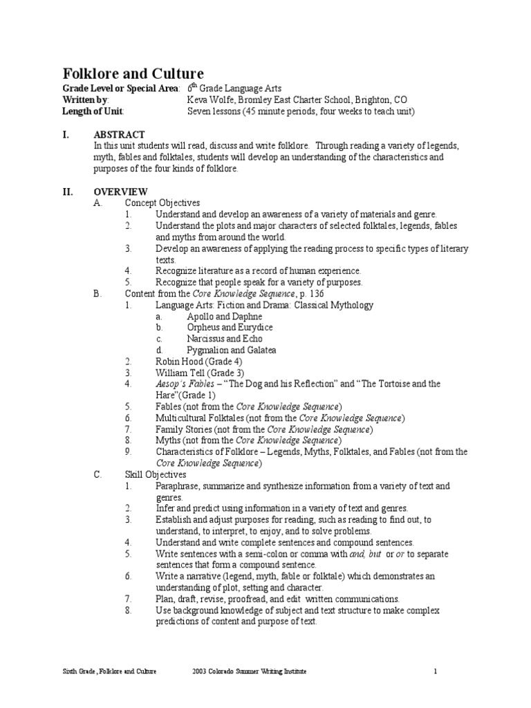 6th Grade Folklore Unit | PDF | Fable | Folklore