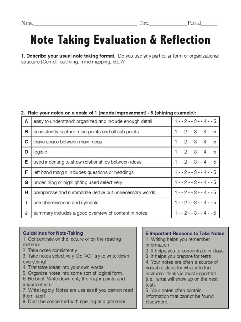 Note Taking Evaluation and Improvement Guide | PDF | Career & Growth ...