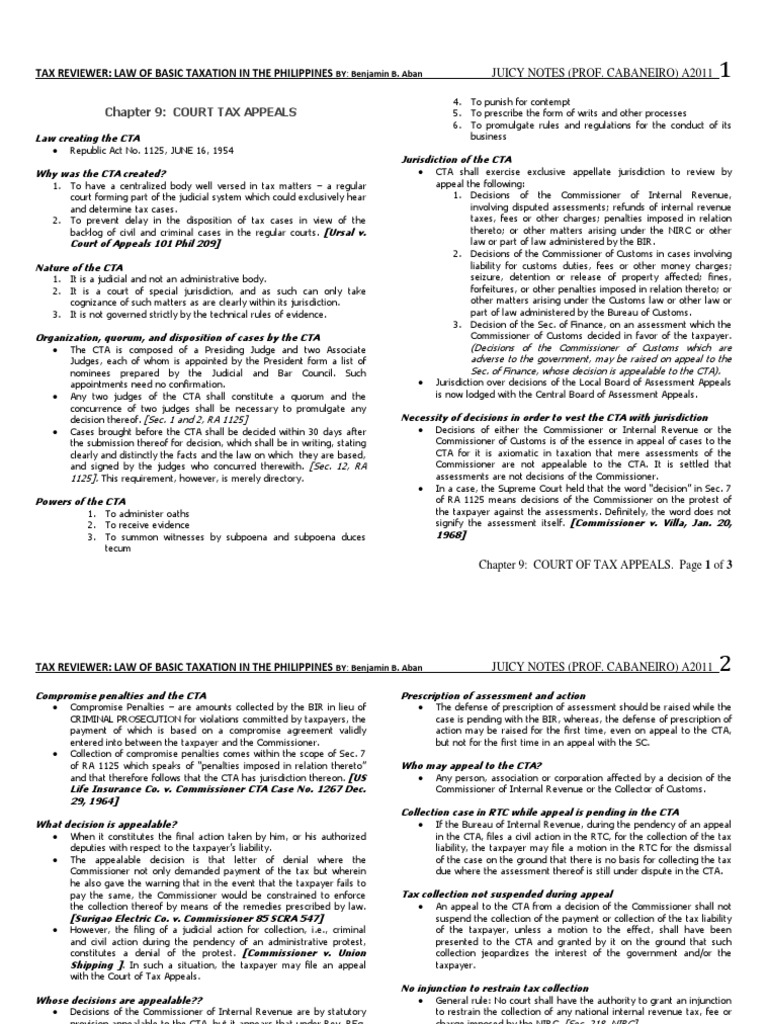 Chapter 9: Court Tax Appeals: Tax Reviewer: Law of Basic Taxation in The Philippines | PDF ...