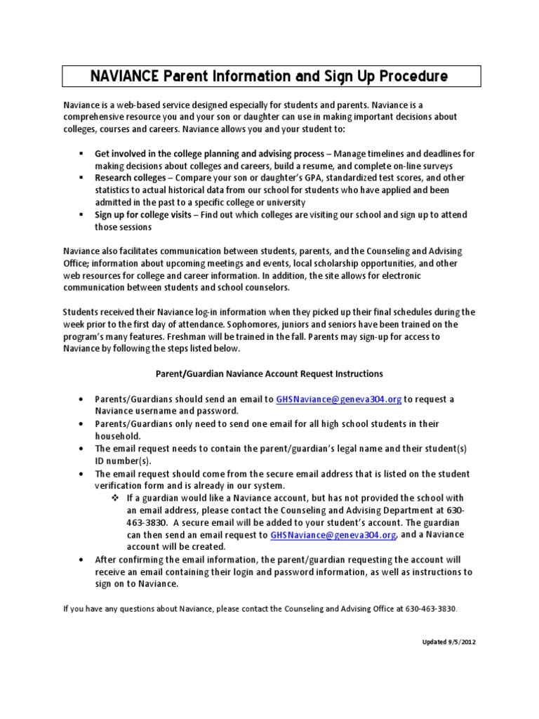 Naviance Parent Information and Sign Up Procedure 2012-13 | PDF