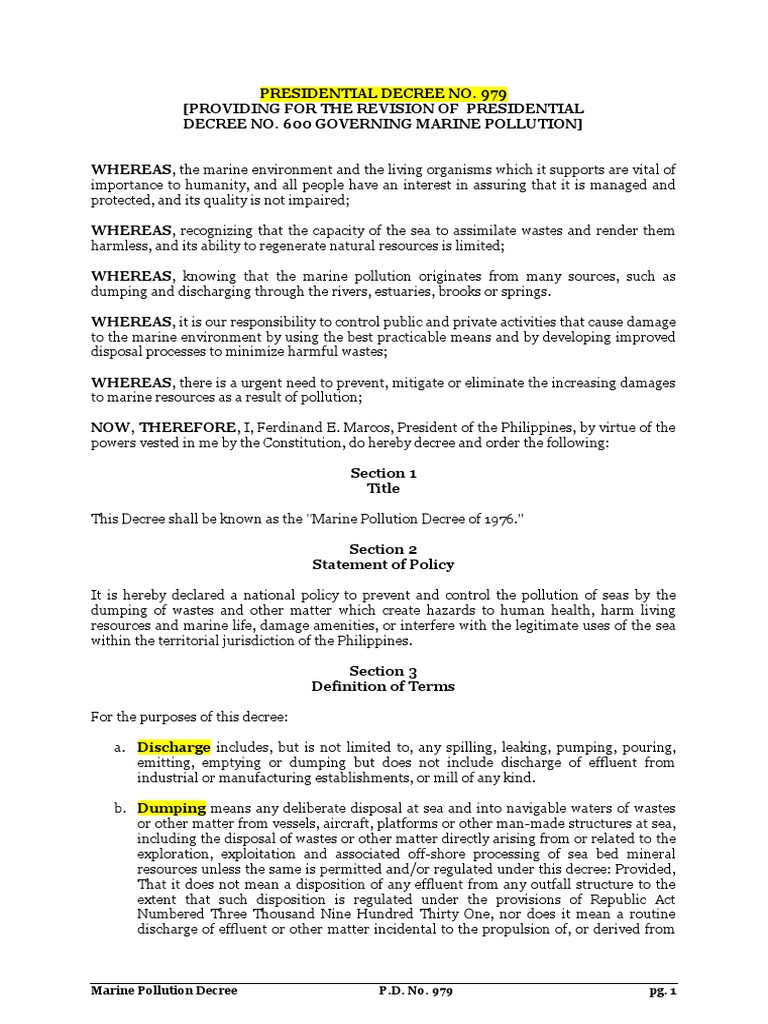PD 979 - Marine Pollution Decree | PDF | Water | Sea