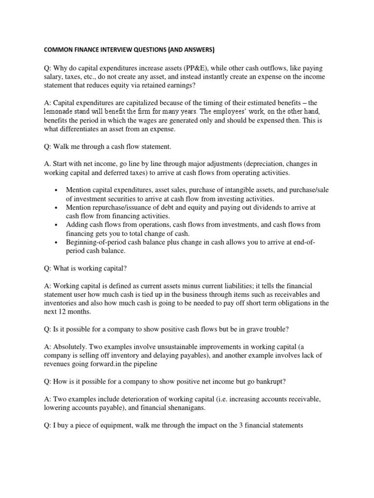 Common Finance Interview Questions | PDF | Cash Flow Statement | Expense Common Finance Interview Questions | PDF | Cash Flow Statement | Expense