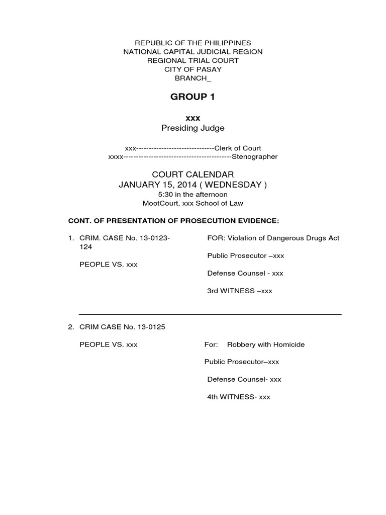 Sample Court Calendar | PDF