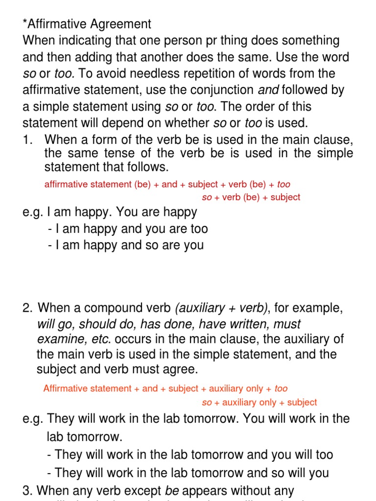 Affirmative Agreement | Verb | Sentence (Linguistics)