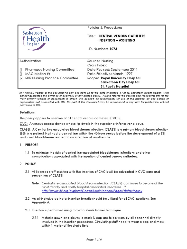 Guidelines for the Safe Insertion and Care of Central Venous Catheters ...