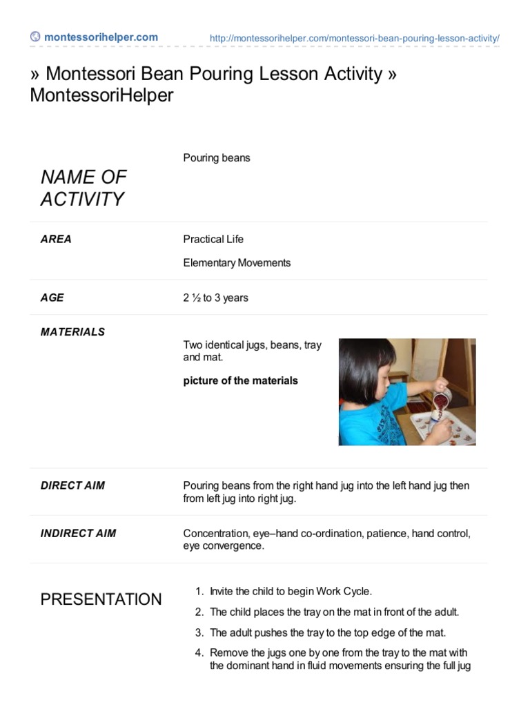 Montessori Bean Pouring Activity Guide | PDF | Hand | Montessori Education