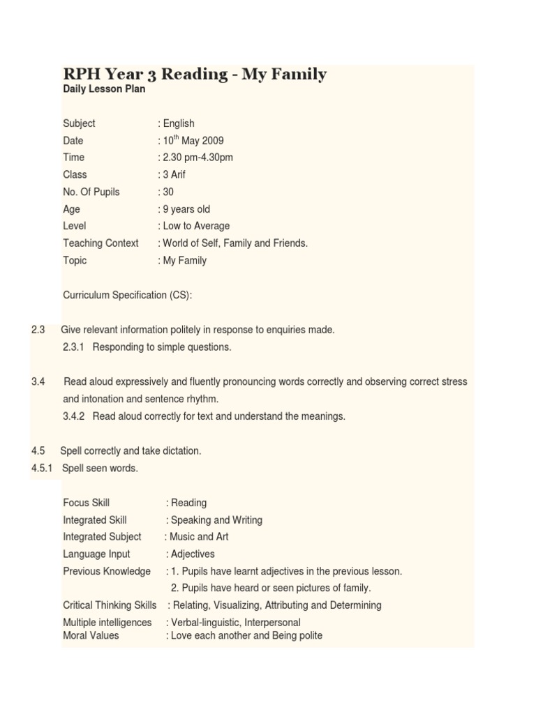 Year 3 English Lesson: My Family | PDF | Lesson Plan | Teachers