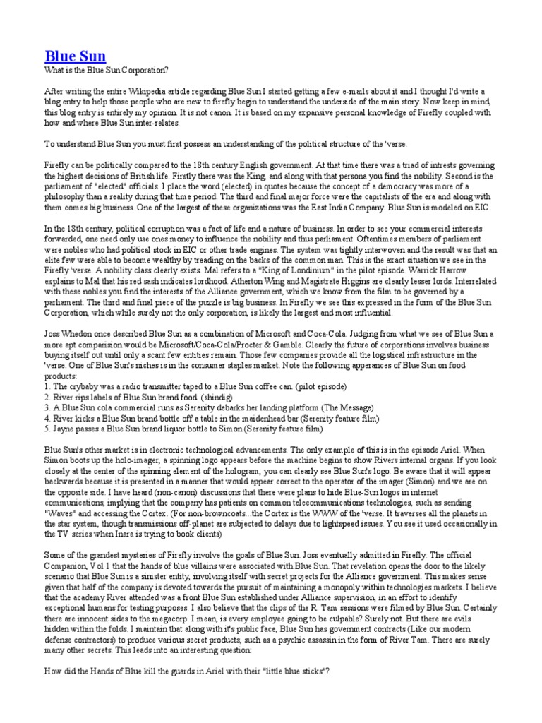 Blue Sun Corporation's Secret Influence in the Firefly Universe | PDF ...