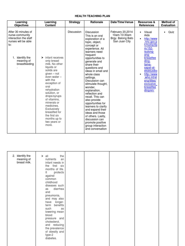 Health Teaching Plan 1 | PDF | Breastfeeding | Infants