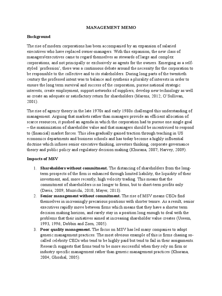 Management Memo Final | PDF | Shareholder Value | Corporate Governance