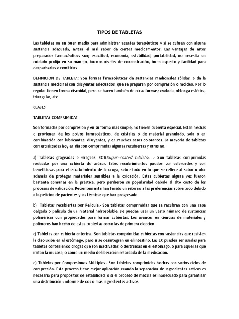 Tipos de Tabletas | PDF | Tableta (Farmacia) | Medicamentos con receta