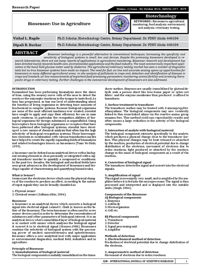 Bio Sensors In Agriculture Pdf Biosensor Sensor