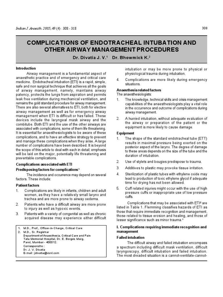 Complications of Endotracheal Intubation and Other Airway Management ...