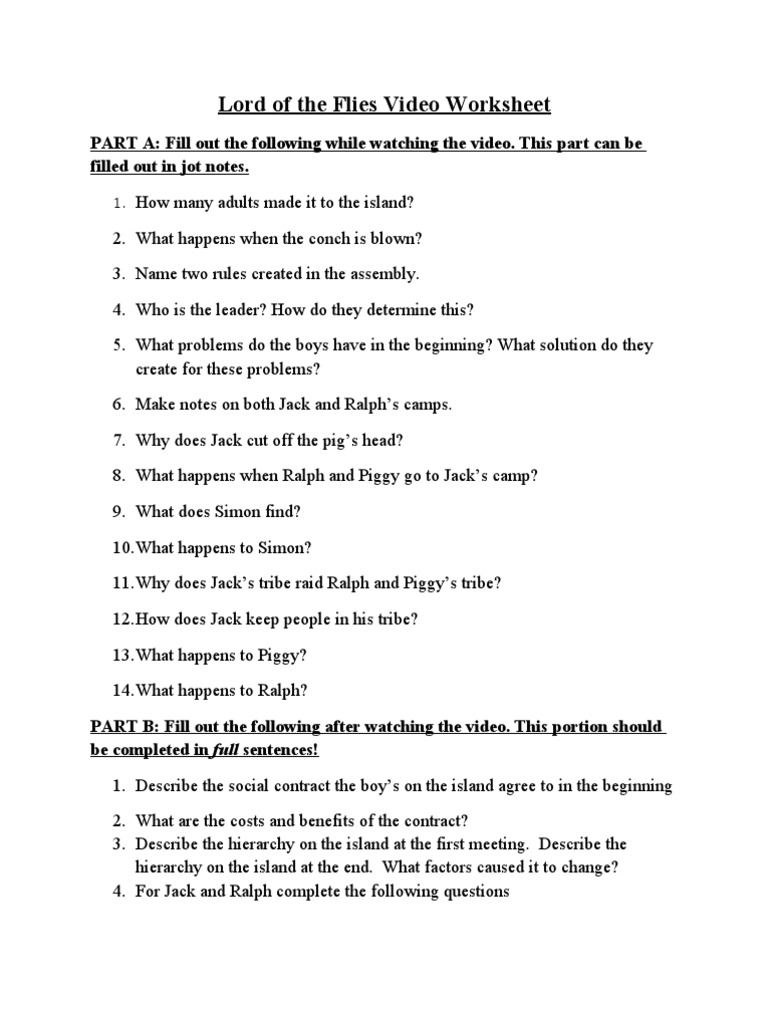 Lord of The Flies Video Worksheet | PDF