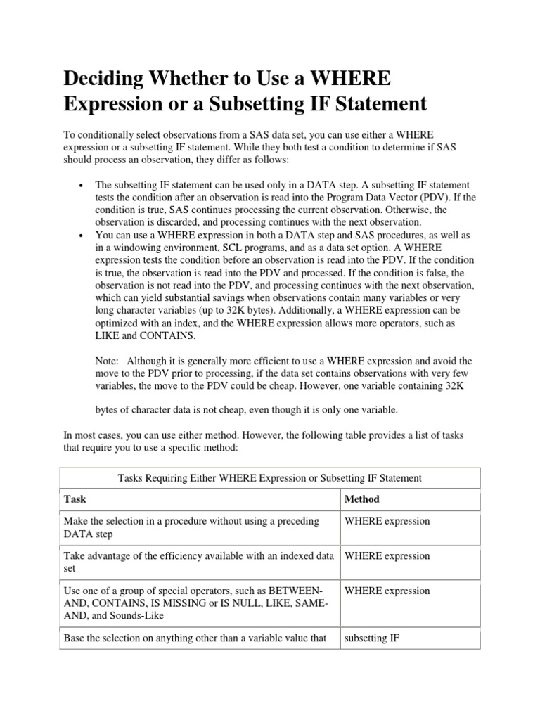 Deciding Whether To Use A WHERE Expression or A Subsetting If Statement | PDF | Variable ...