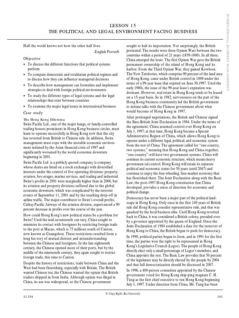 The Political and Legal Environment Facing Business | PDF | Hong Kong ...
