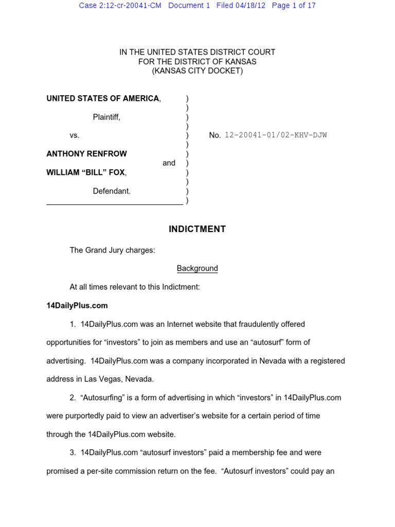 Indictment of Anthony Renfrow and Bill Fox | PDF | Conspiracy (Criminal ...