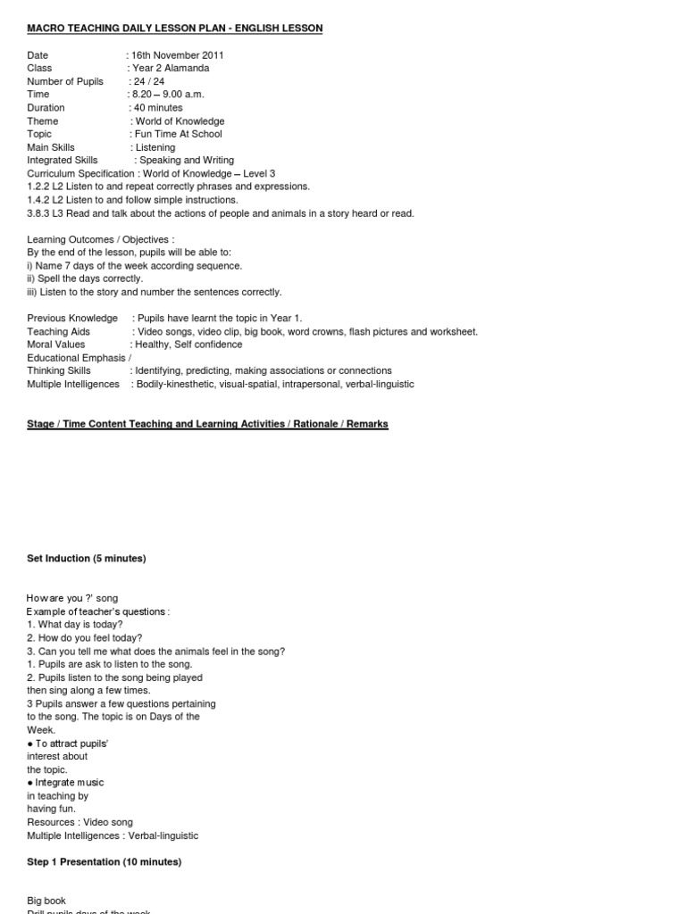 Macro Teaching Daily Lesson Plan | PDF | Lesson Plan | Teaching