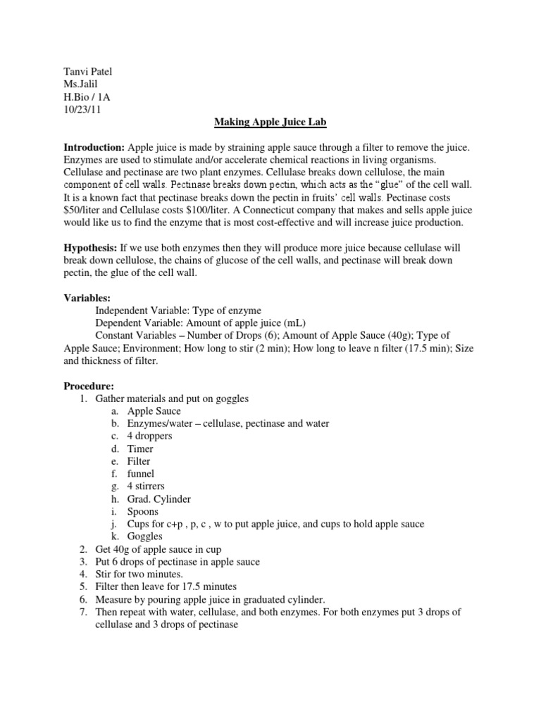 Apple Juice Lab Tests Enzymes | PDF | Cell Wall | Experiment