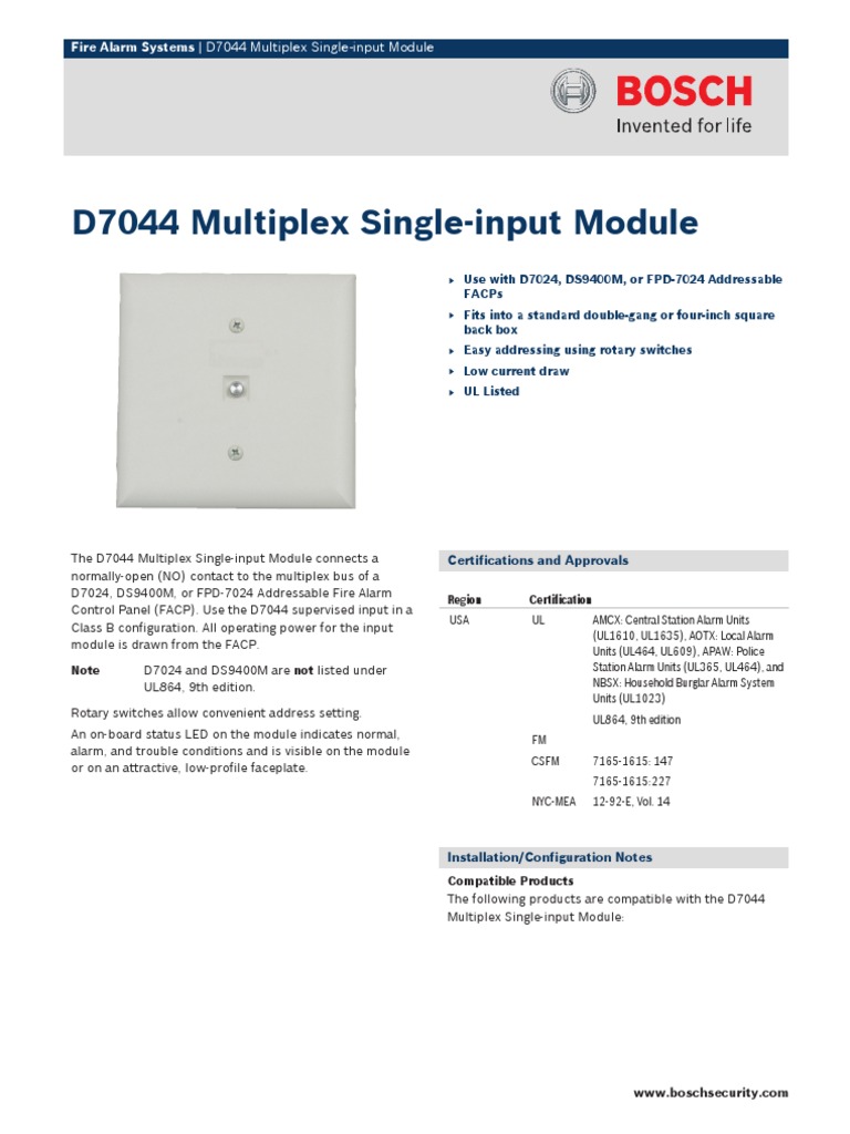 BOSCH - D7044 Multiplex Single-Input Module | PDF | Security Alarm ...