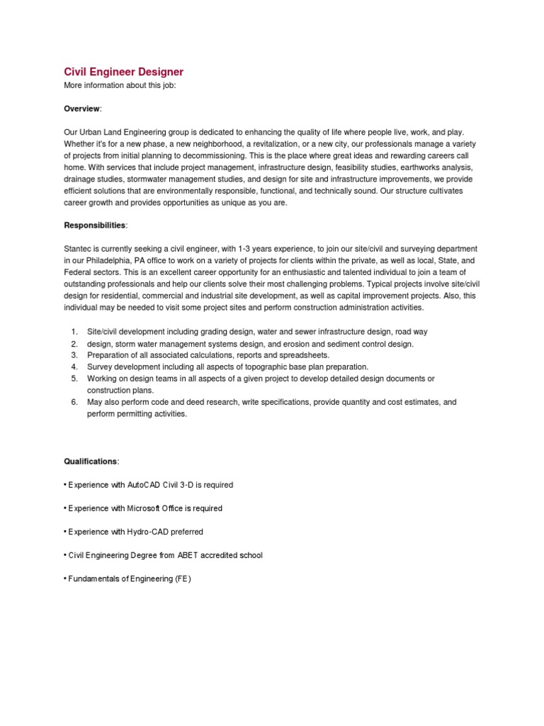 Civil Engineer Job Opportunity in PA | PDF