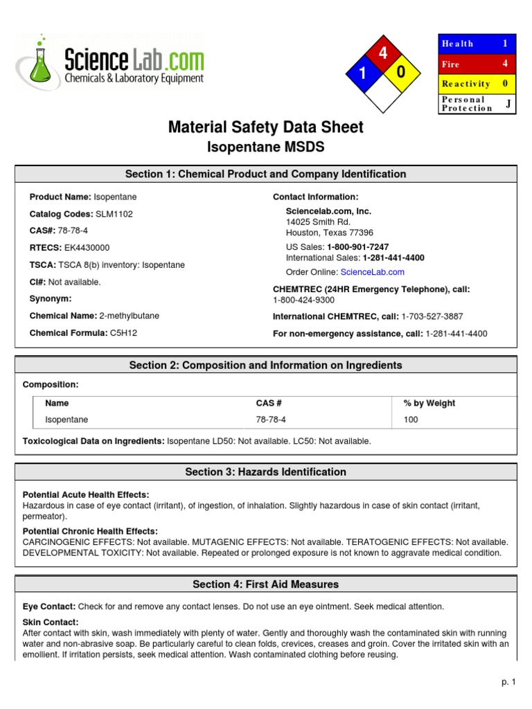 Isopentane Msds | PDF | Toxicity | Flammability