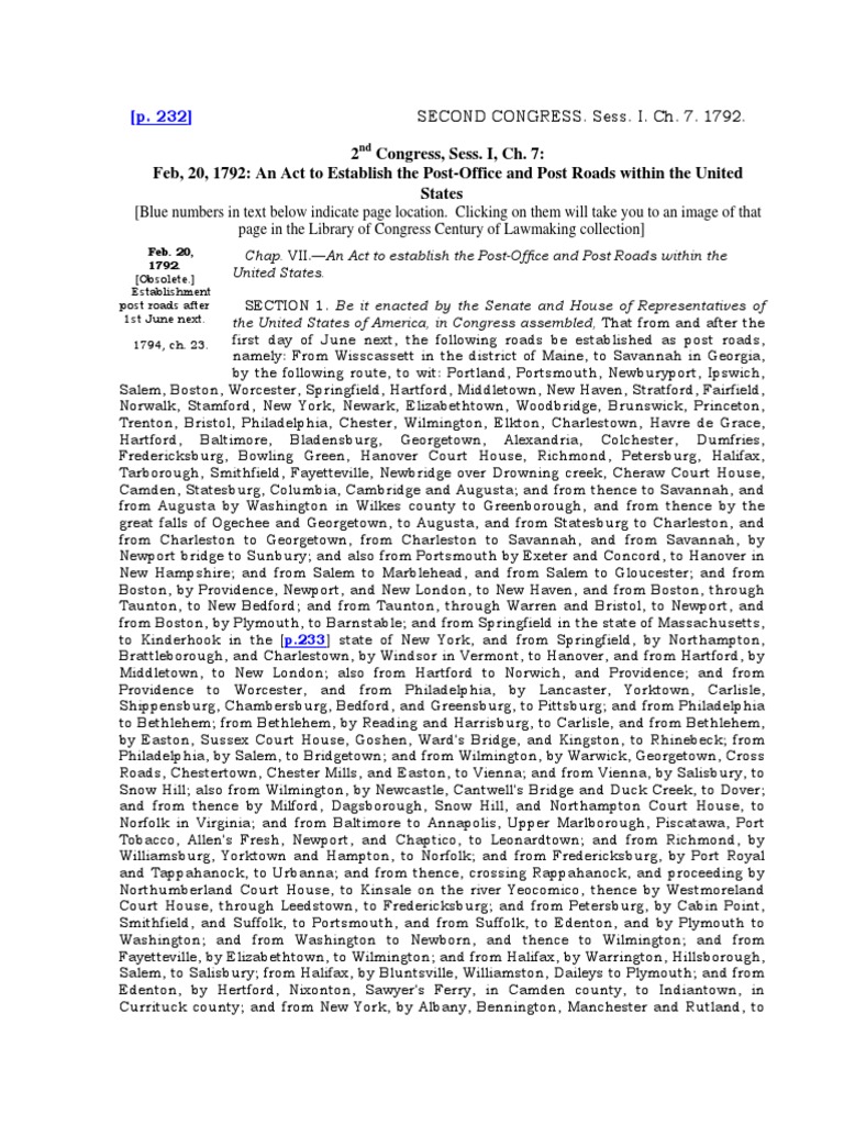 An Act to Establish the Post-Office and Post Roads within the United ...