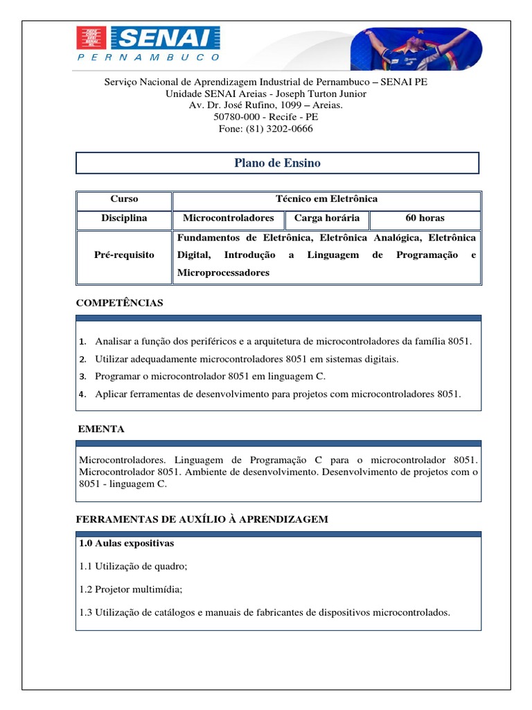 Plano De Aula Senai Antonio Microcontrolador C Linguagem De Programação